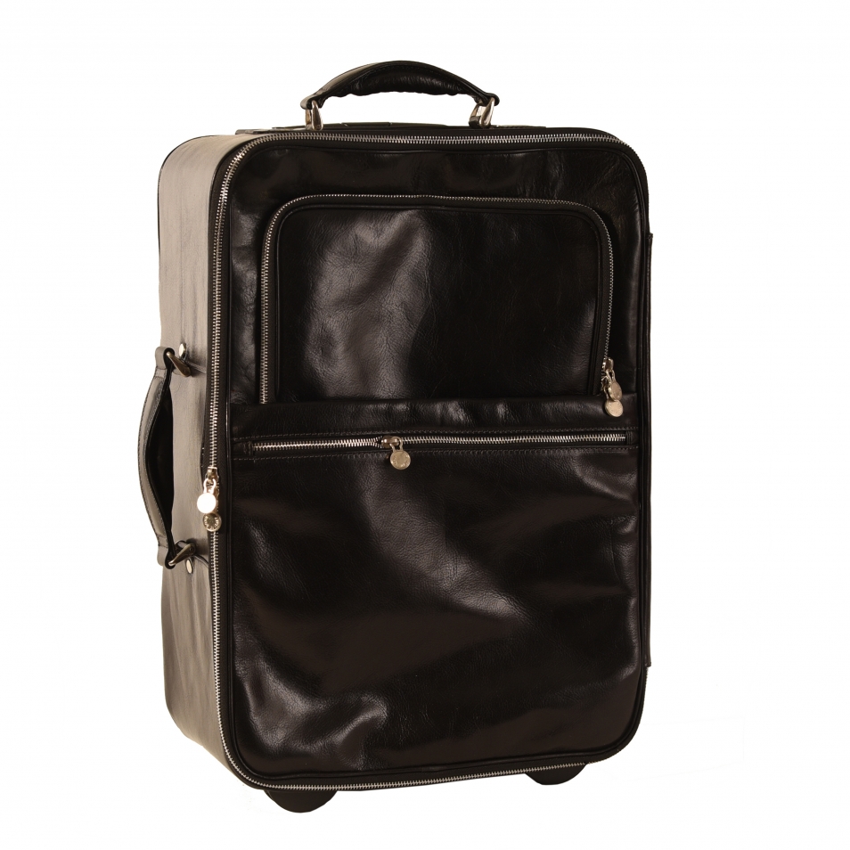 Marco Polo 4 Wheels vertical black leather trolley and side handle ...